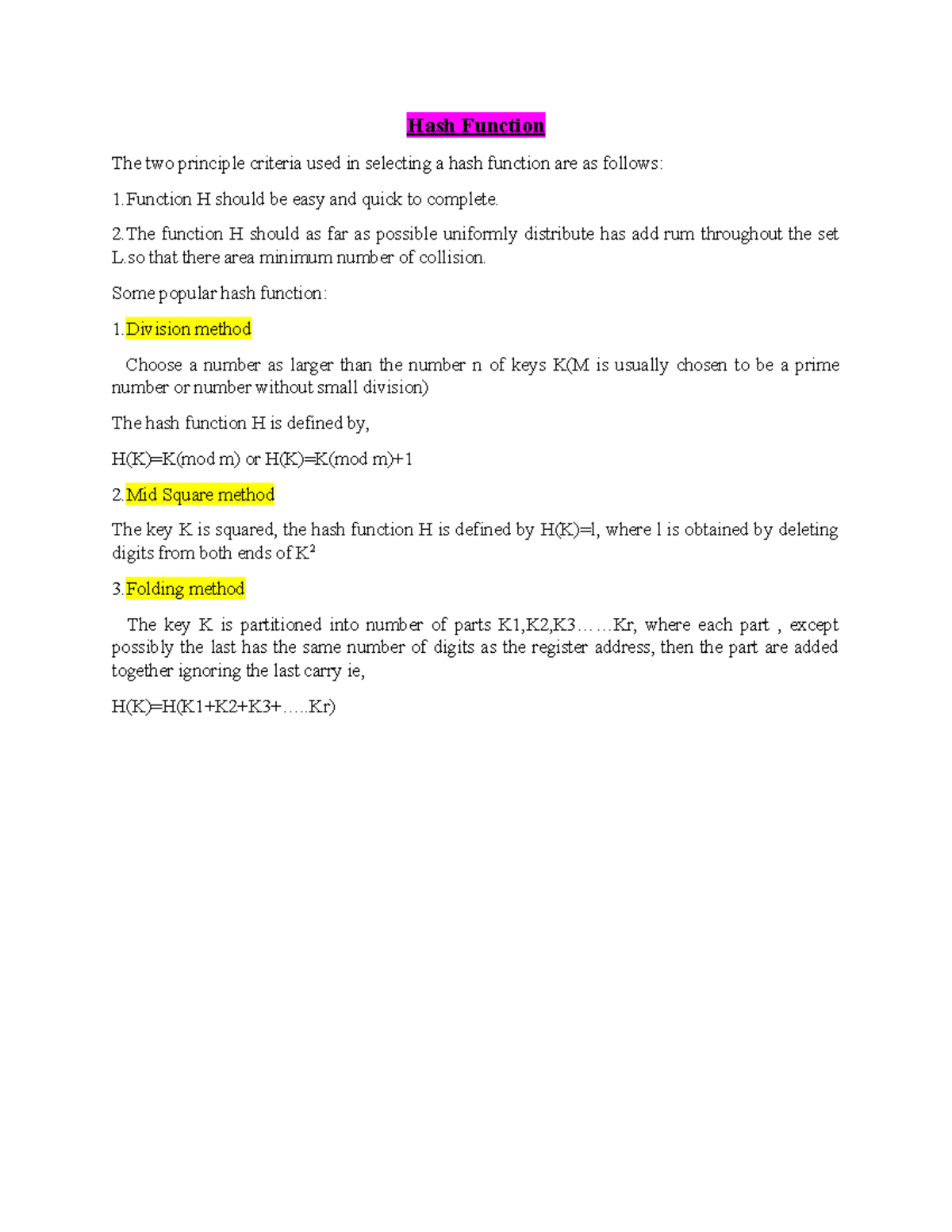 Hashfunction Its Lecture Notes Hash Function The Two Principle Criteria Used In Selecting A