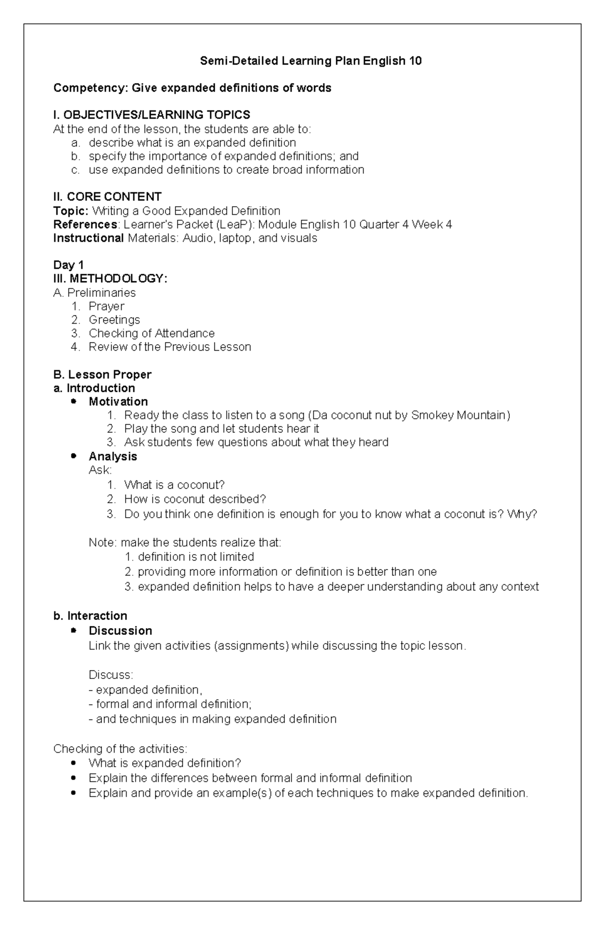 LP G10 q4 wk 4 3Is - Semi-Detailed Learning Plan English 10 Competency ...