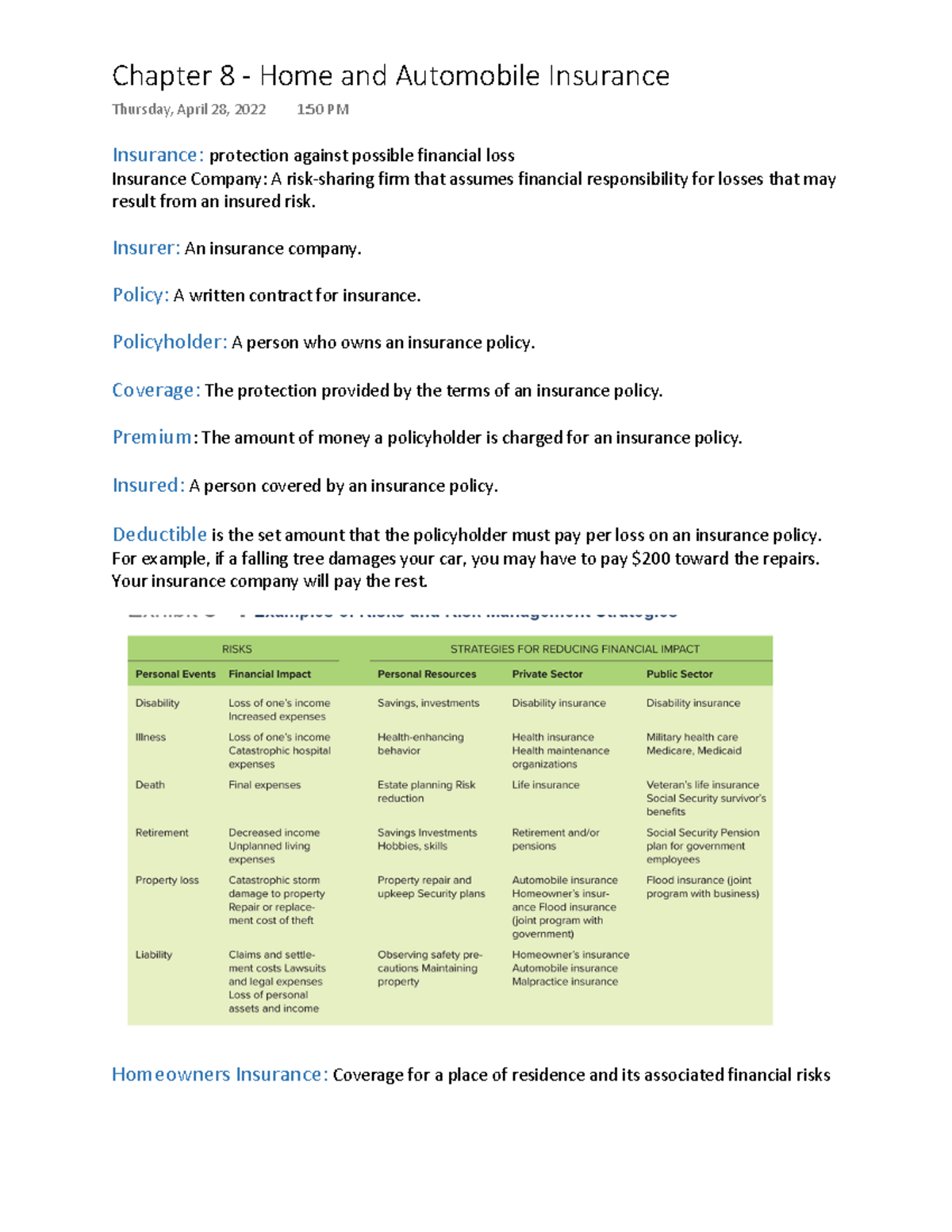 Personal Finance - Chapter 8 (Insurance) - Insurance: protection ...