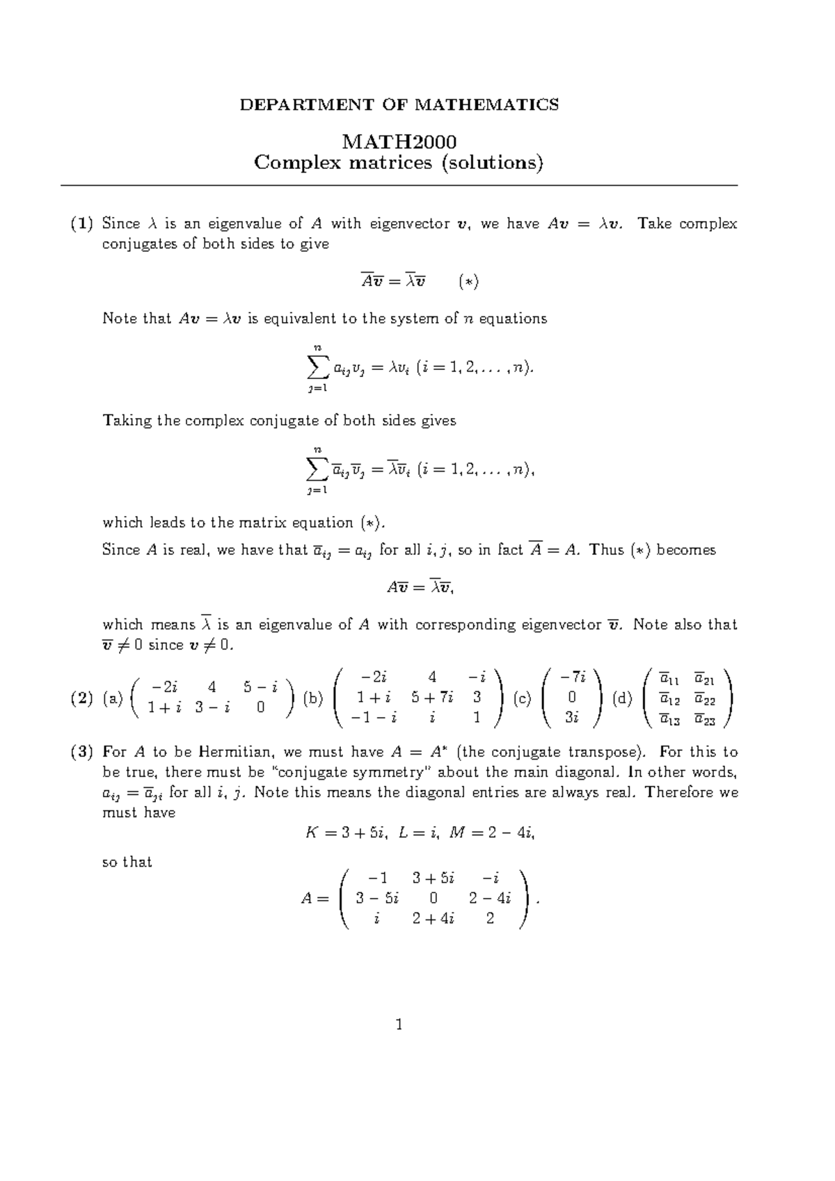 MATH2000 Complex Matrices Tutorial 18 Solution - DEPARTMENT OF ...