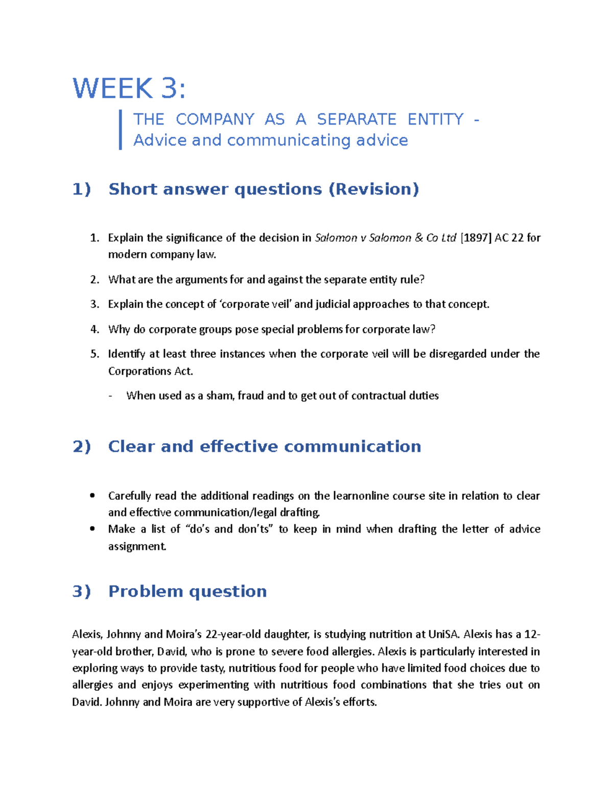 Separate entity - ..... - WEEK 3: THE COMPANY AS A SEPARATE ENTITY ...