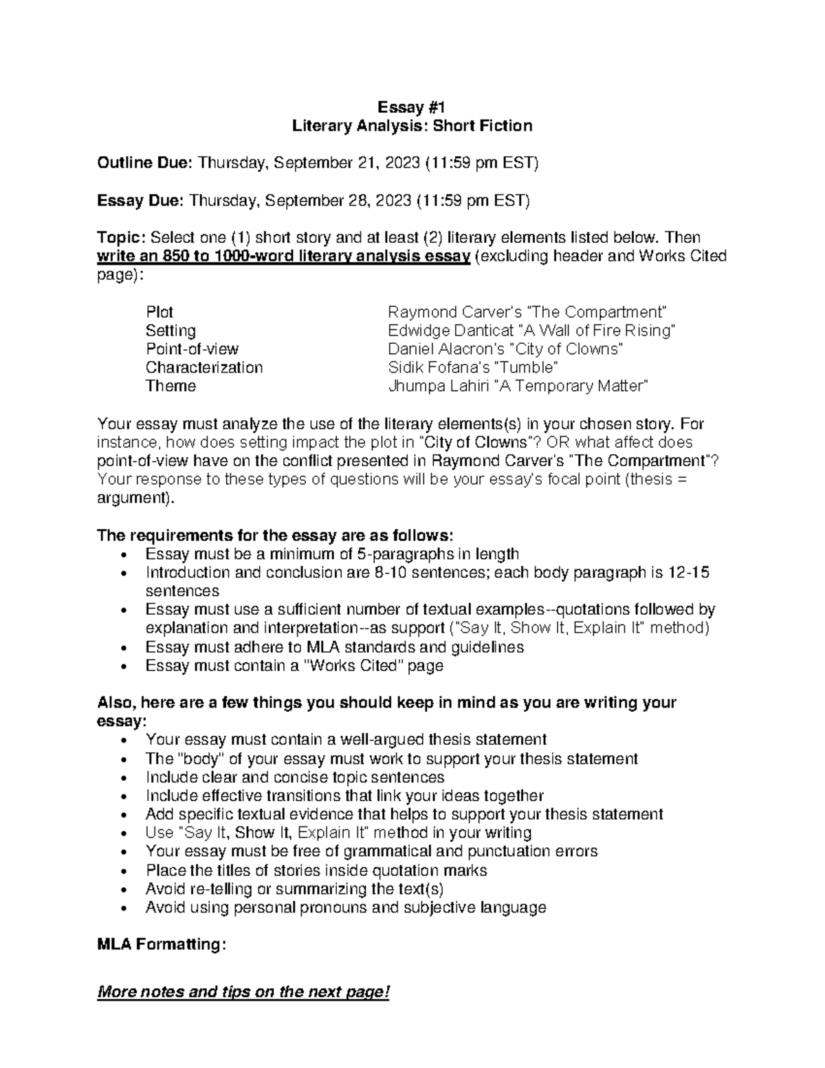 Essay 1 Prompt 1 - More notes and tips on the next page! Essay ...