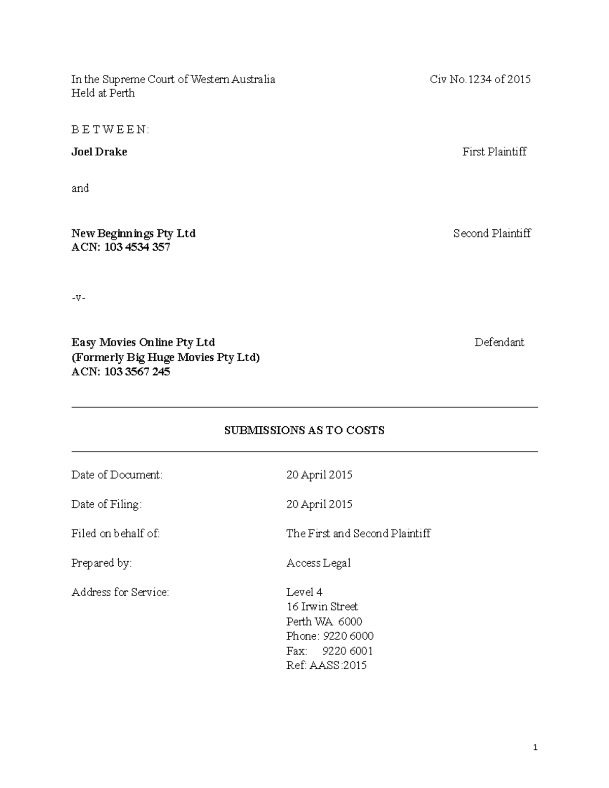 draft submissions - In the Supreme Court of Western Australia Civ No of ...