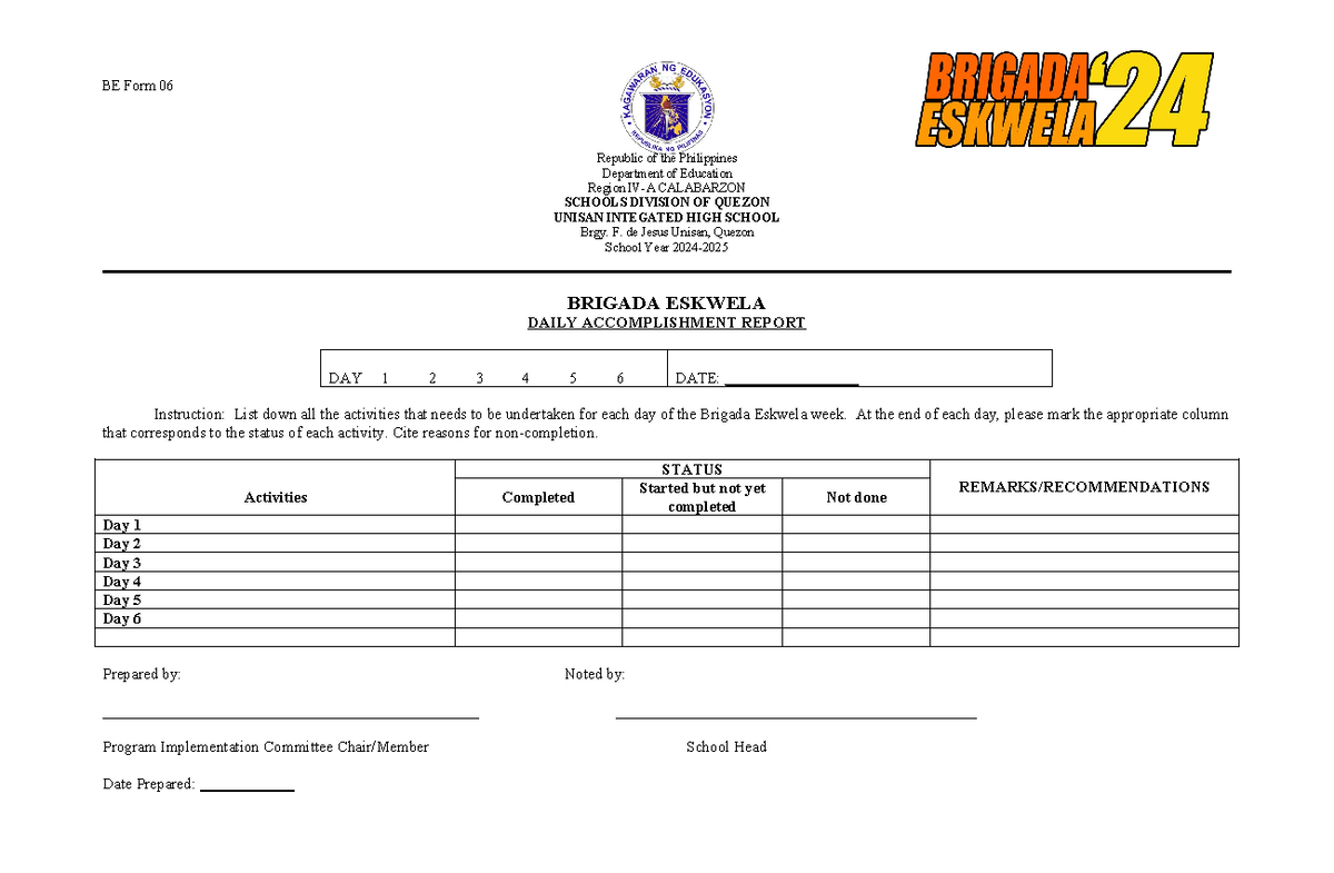BE-Form-6 - Brigada Eswela Form 6 - BE Form 06 Republic of the ...