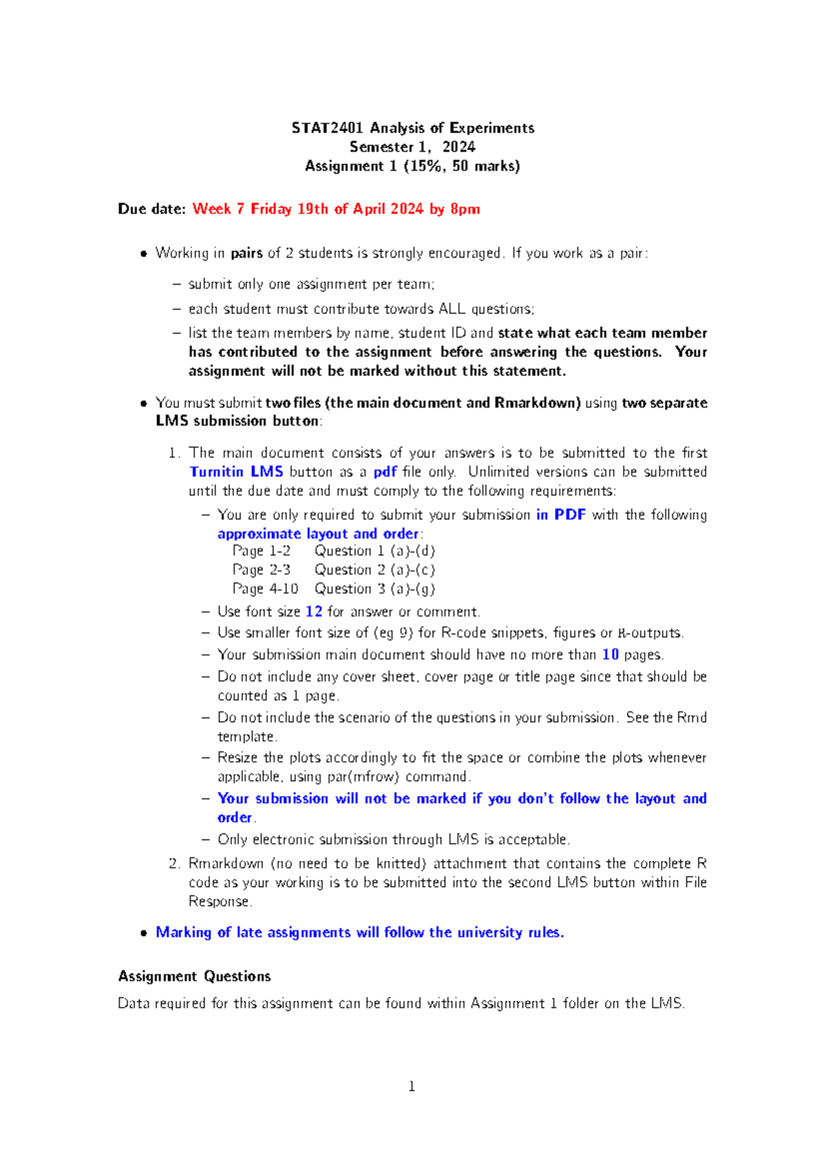 Assignment Outline - STAT2401 Analysis of Experiments Semester 1, 2024 Assignment 1 (15%, 50 ...