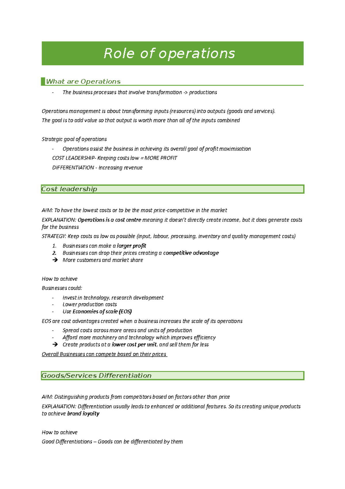 Operations - Study notes :) - Role of operations What are Operations ...