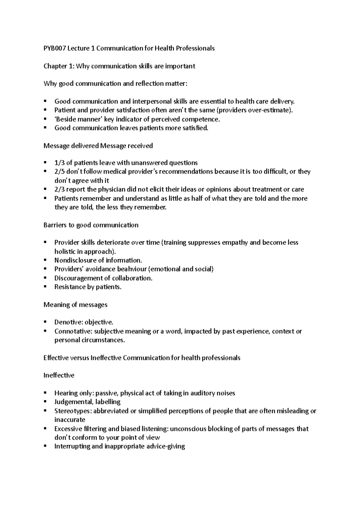 PYB007 Lecture 1 Communication for Health Professionals - PYB007 ...