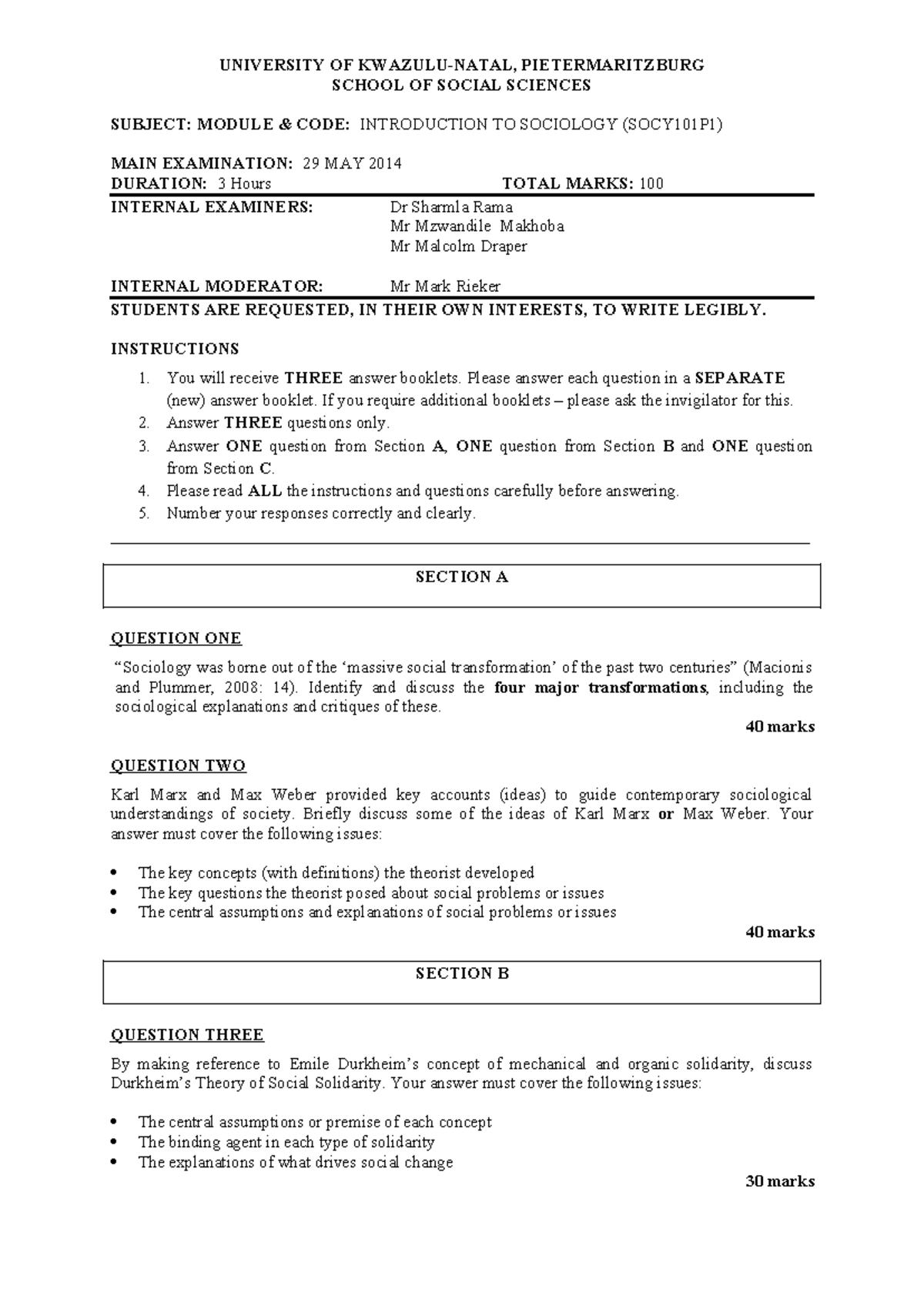 Introduction to Socio SOCY 101 - Main May 2014 - UNIVERSITY OF KWAZULU ...