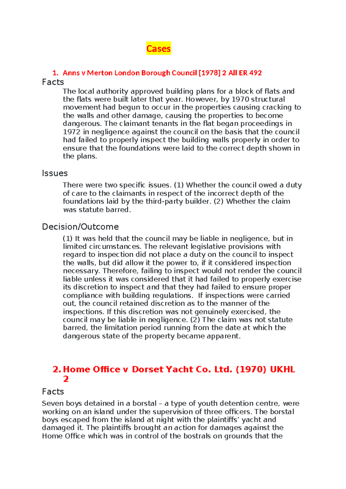 Tort law Cases - Cases 1. Anns v Merton London Borough Council [1978] 2 ...