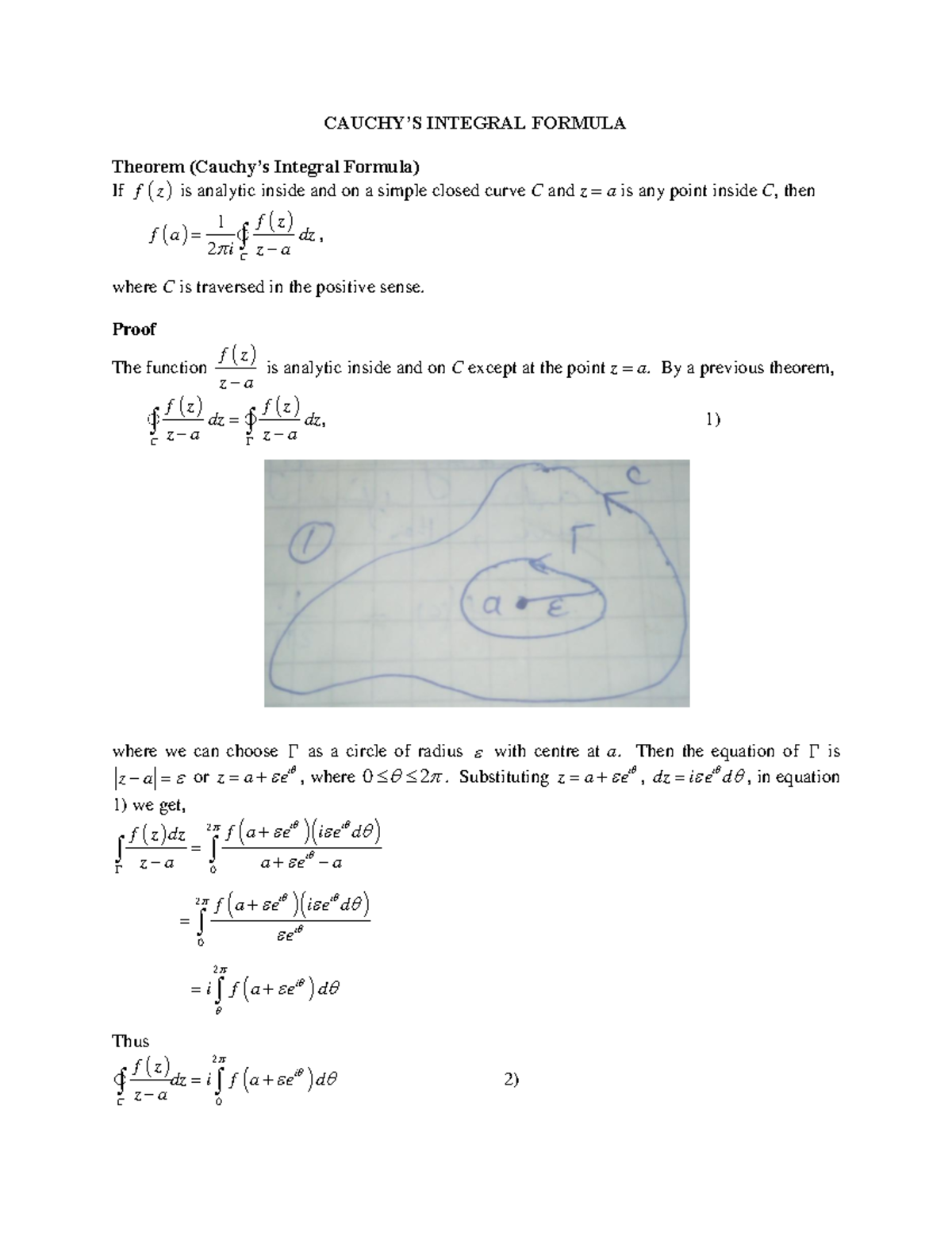 Cauchy Integral Formular Notes - CAUCHY’S INTEGRAL FORMULA Theorem ...