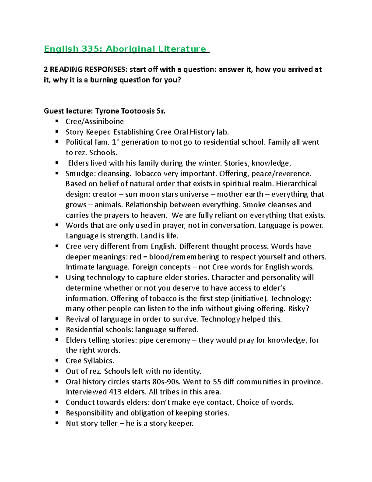 Lecture Notes, Aboriginal Literature - English 335: Aboriginal ...