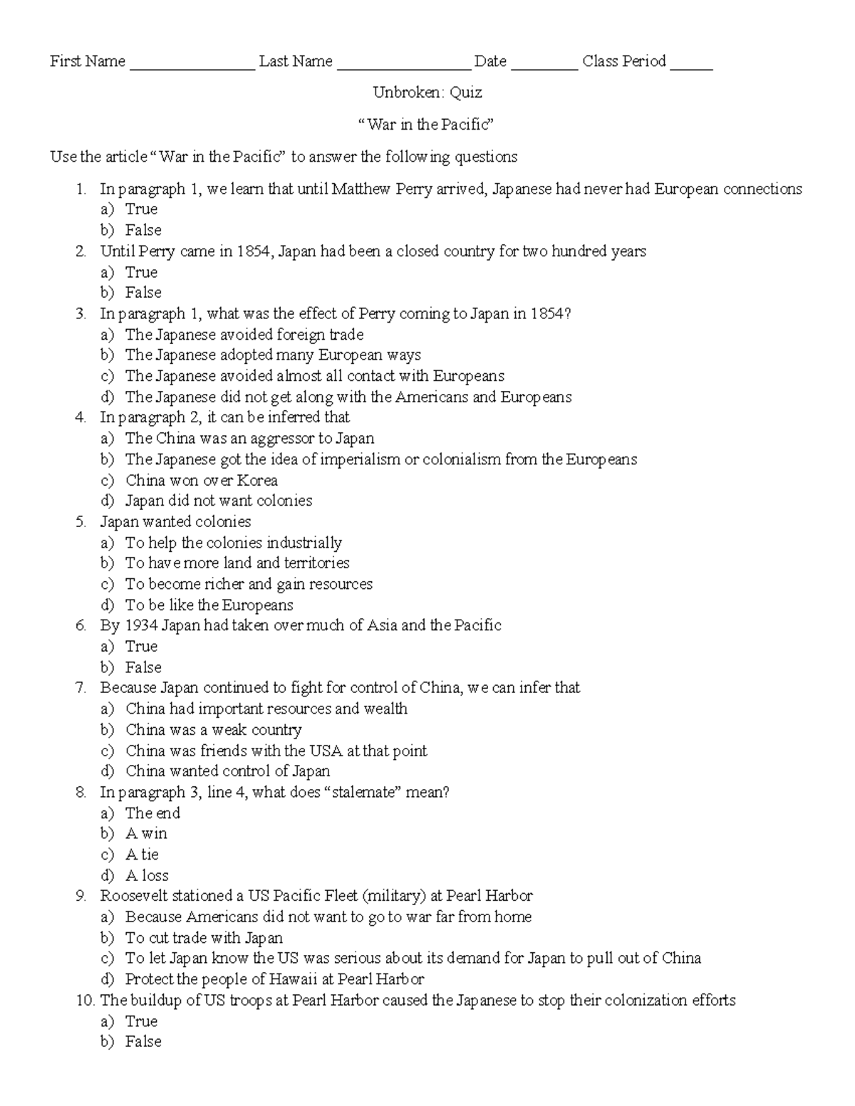 War in the Pacific QUIZ - the quiz assignment - First Name ...