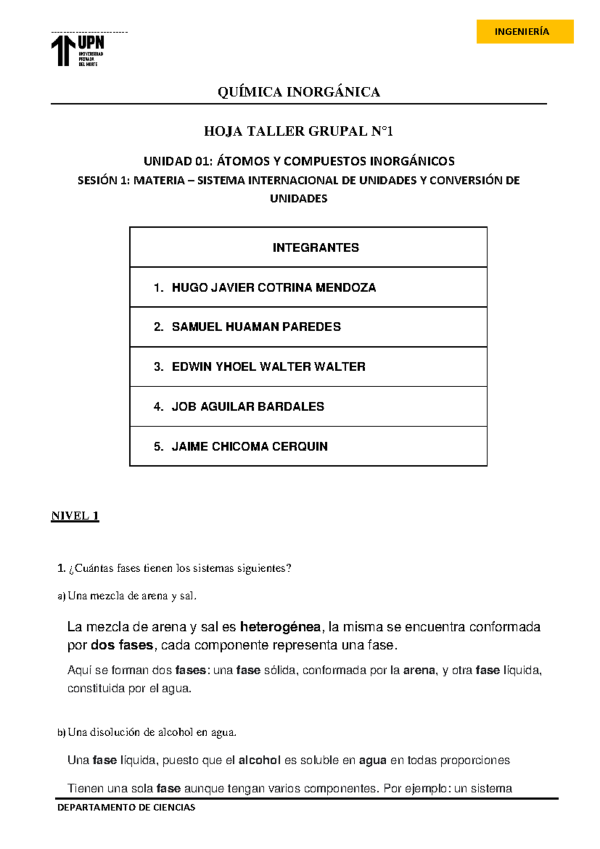 S01-HOJA Taller Grupal - INGENIERÍA QUÍMICA INORGÁNICA HOJA TALLER GRUPAL N° UNIDAD 01: ÁTOMOS Y ...