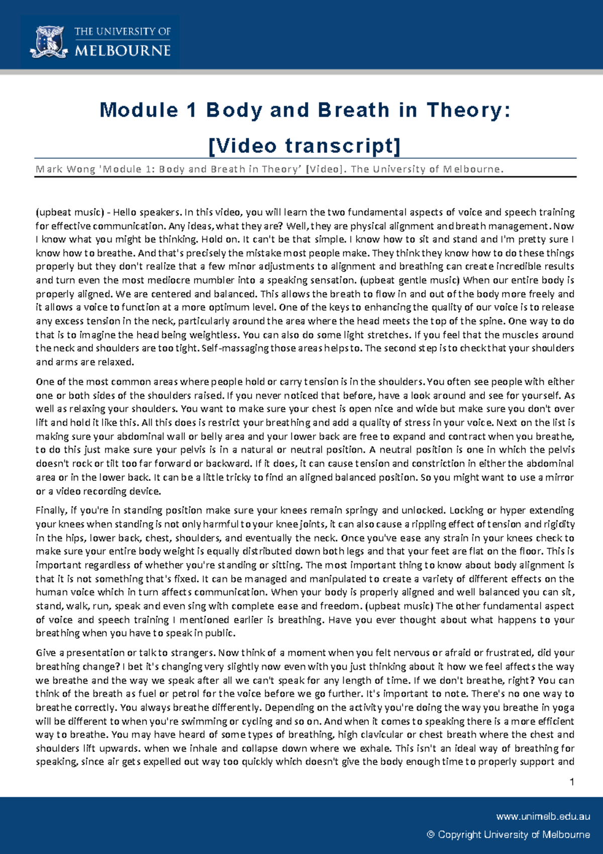 THTR10019-M01V1-Body and Breath in Theory transcript - Module 1 Body and Breath in Theory: Mark ...