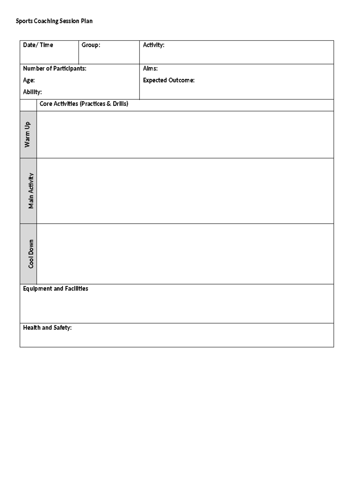 Session Plan Example - fefefe - Sports Coaching Session Plan Date/ Time ...