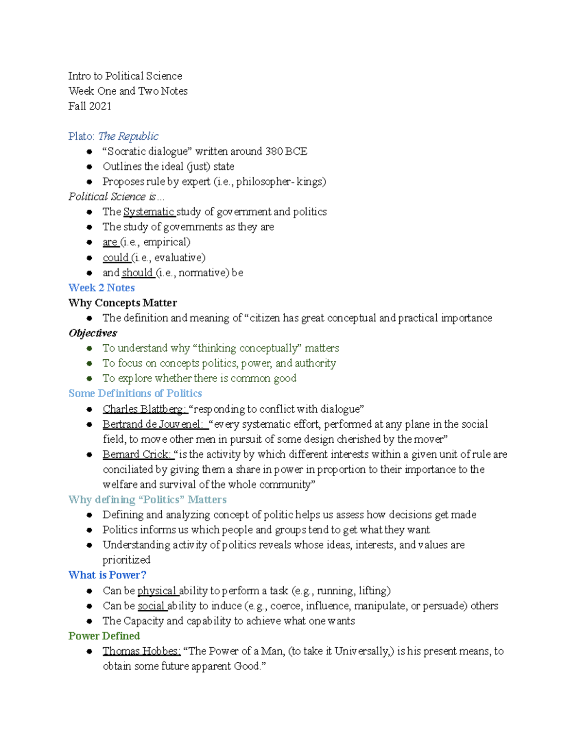 Intro to Political Science Week One and Two - Intro to Political ...