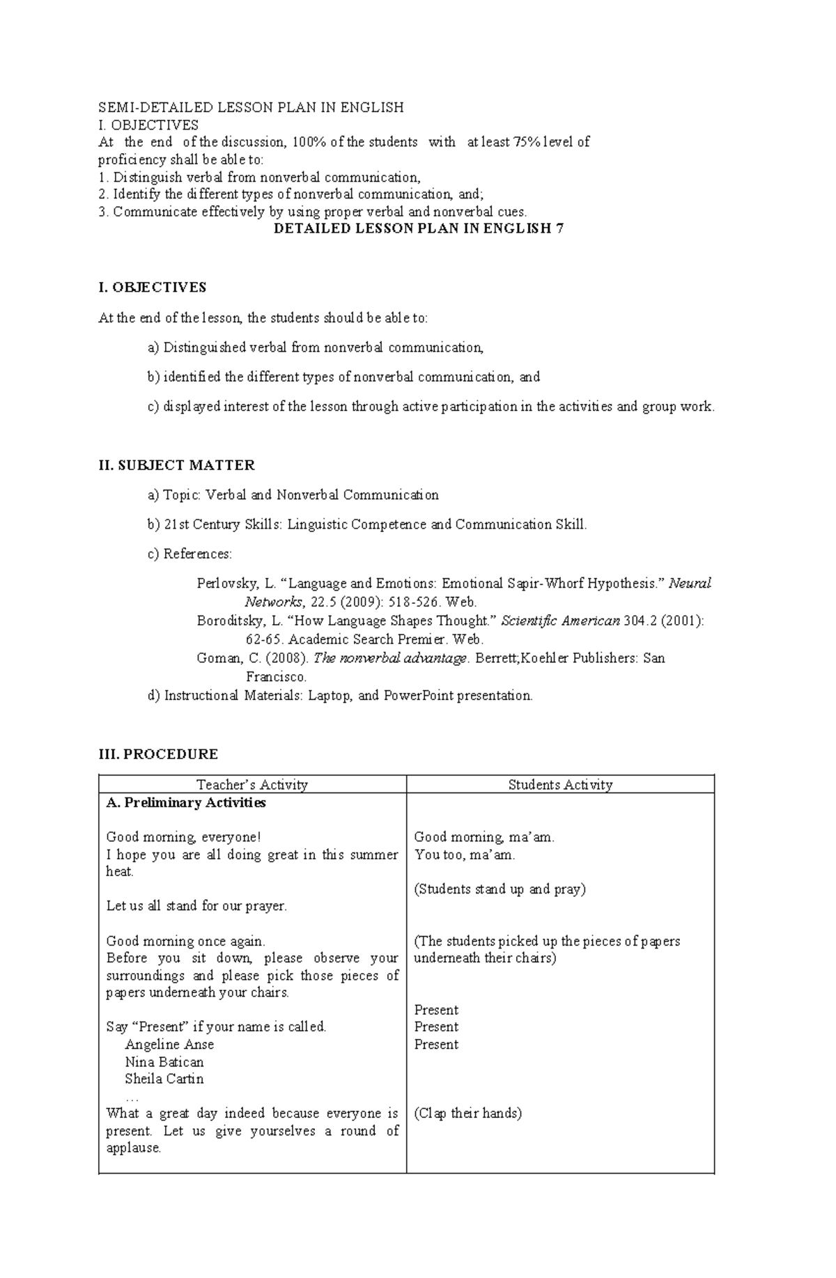 DLP JHS - A detailed lesson plan about nonverbal. - SEMI-DETAILED ...