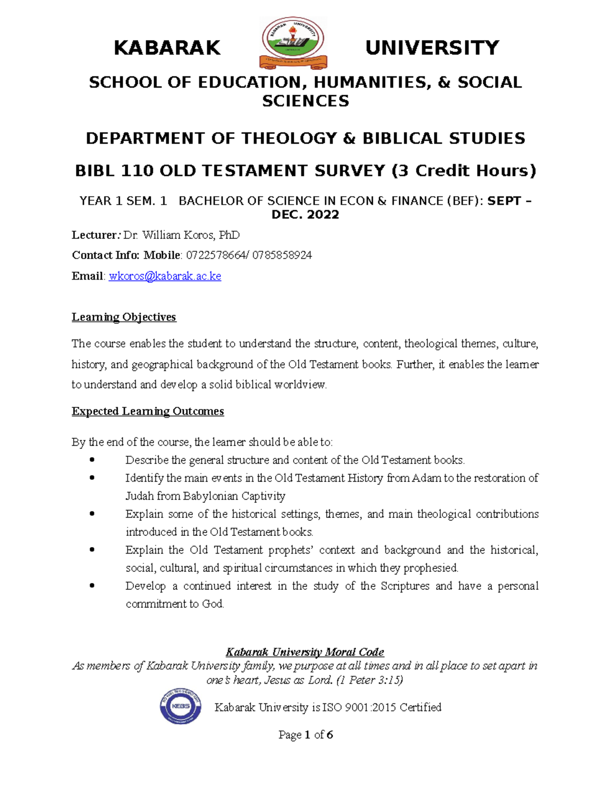 BIBL 110 OLD Testament Survey Course Outline - SCHOOL OF EDUCATION ...
