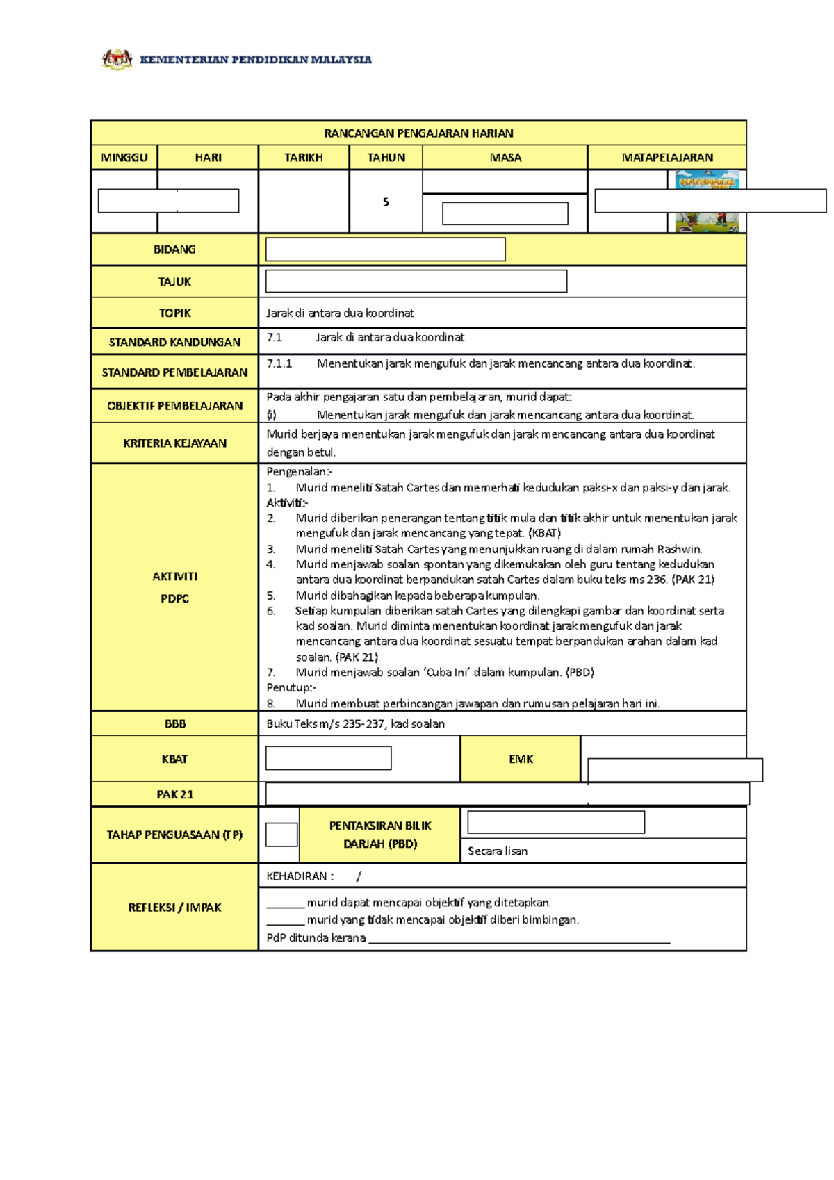 RPH MT THN 5 Tajuk 7 (m34-35) - MINGGU HARI TARIKH TAHUN MASA MATAPELAJARAN 5 BIDANG TAJUK TOPIK ...