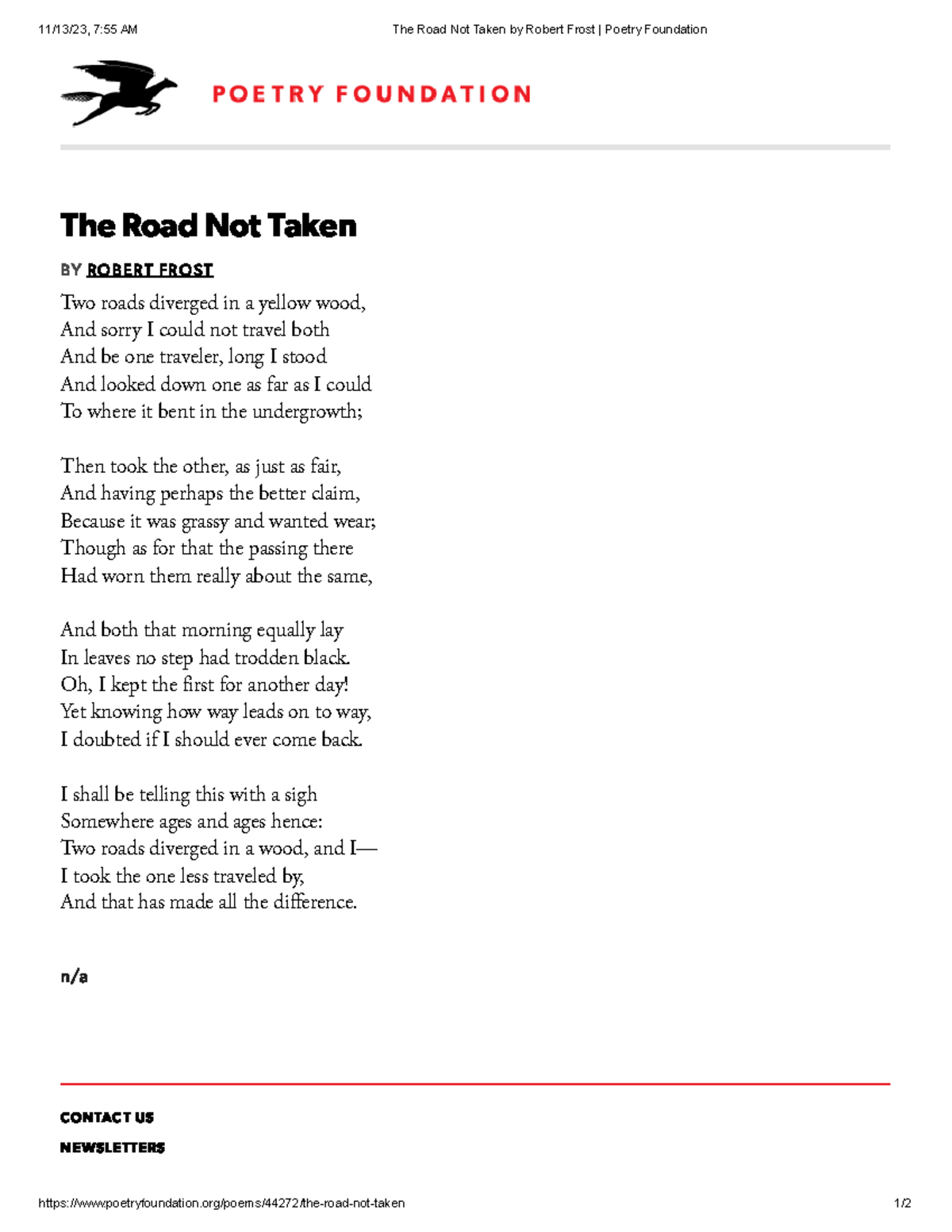The Road Not Taken by Robert Frost Poetry Foundation - 11/13/23, 7:55 ...