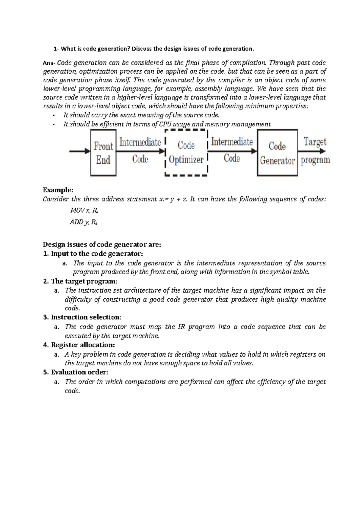 CD Assignment 5 Answer - 1- What is code generation? Discuss the design ...