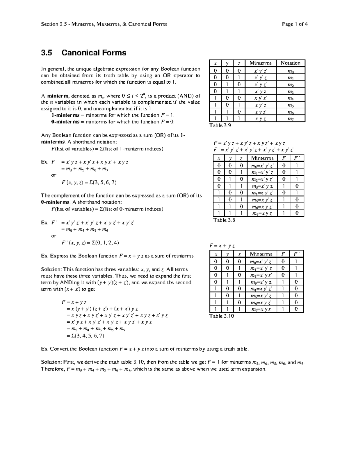 Minterms - 3 Canonical Forms In general, the unique algebraic ...