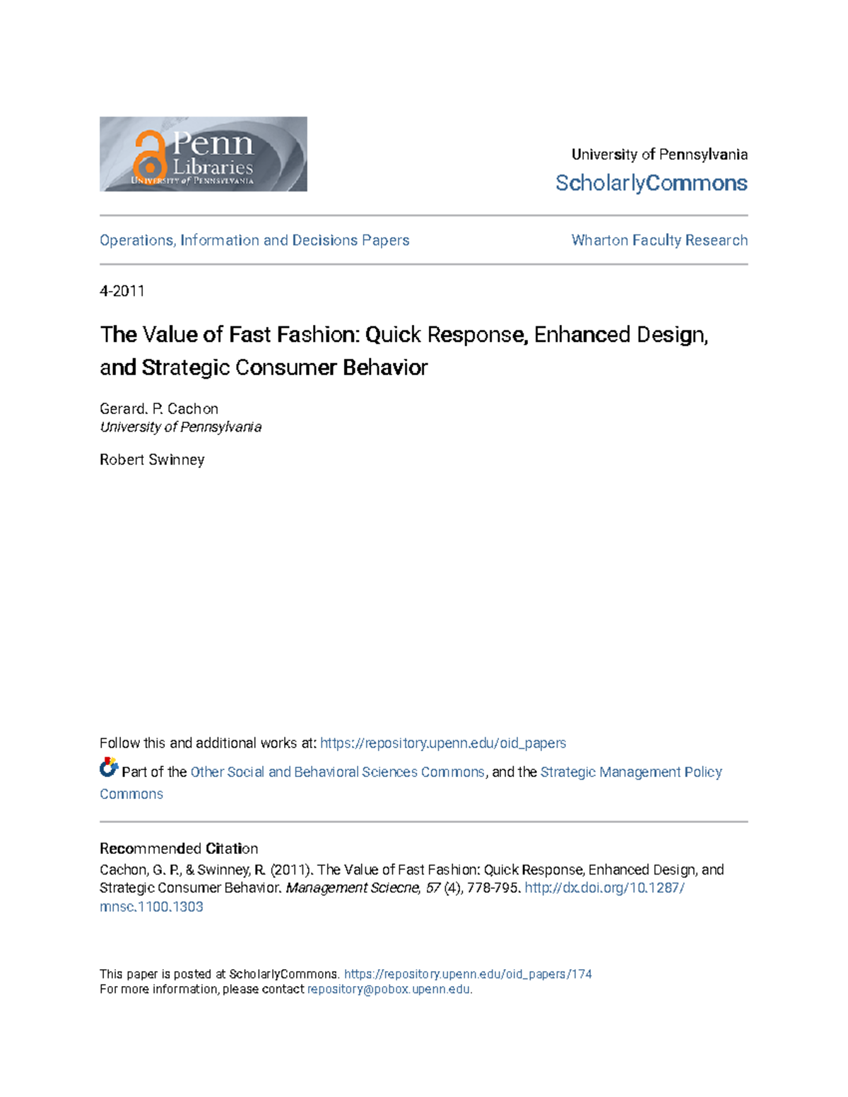 The Value of Fast Fashion Quick Response Enhanced Design and S ...