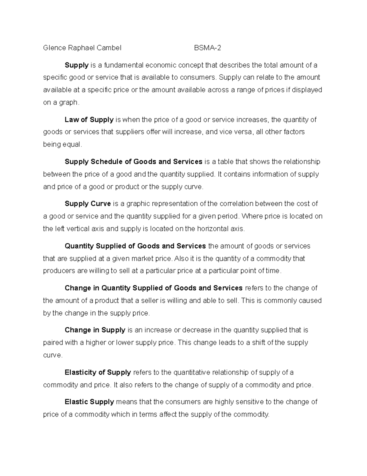 Assignment module -3 - management - Glence Raphael Cambel BSMA- Supply is a fundamental economic ...