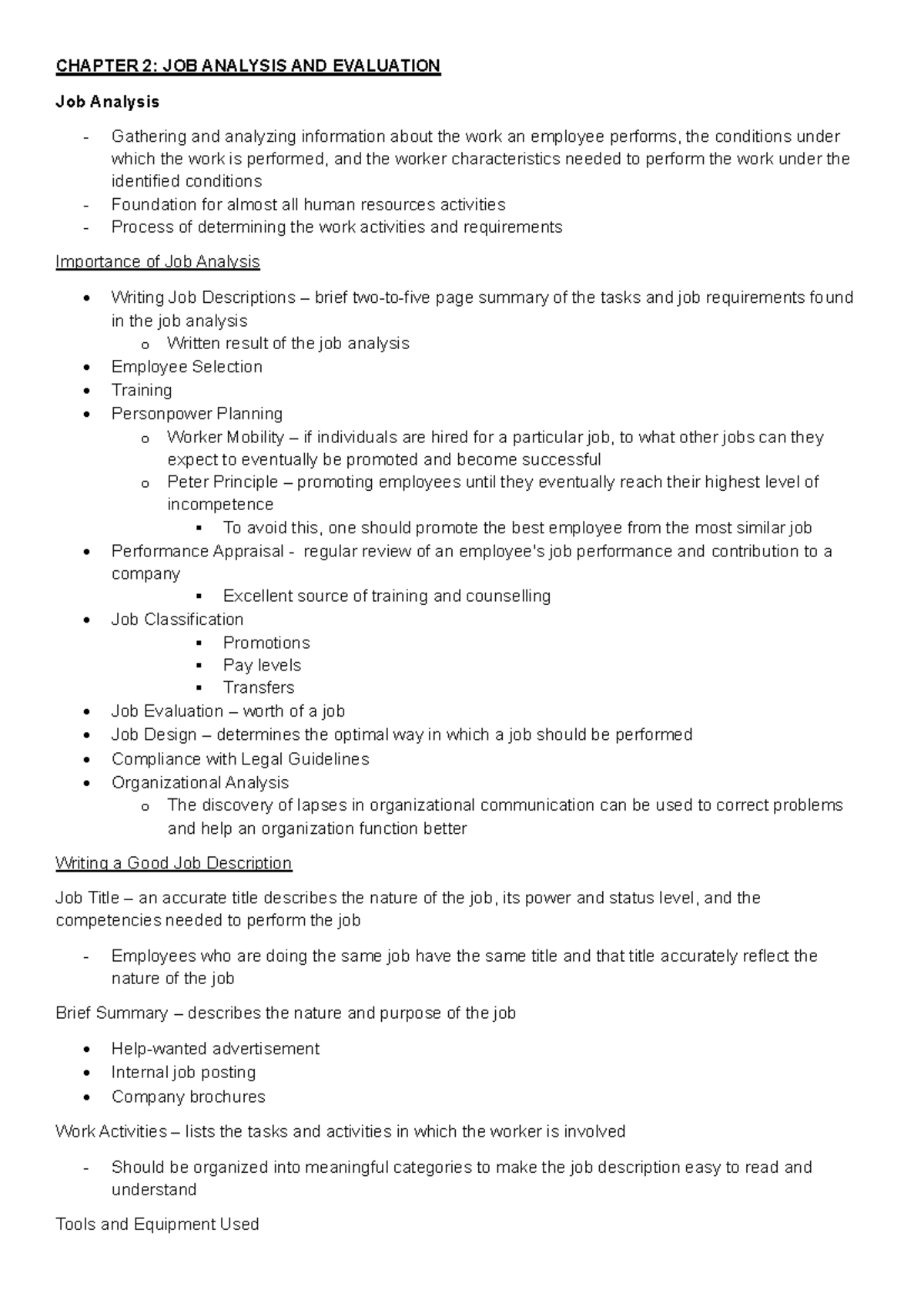 Chapter 2 Reviewer - CHAPTER 2: JOB ANALYSIS AND EVALUATION Job Analysis - Gathering and ...