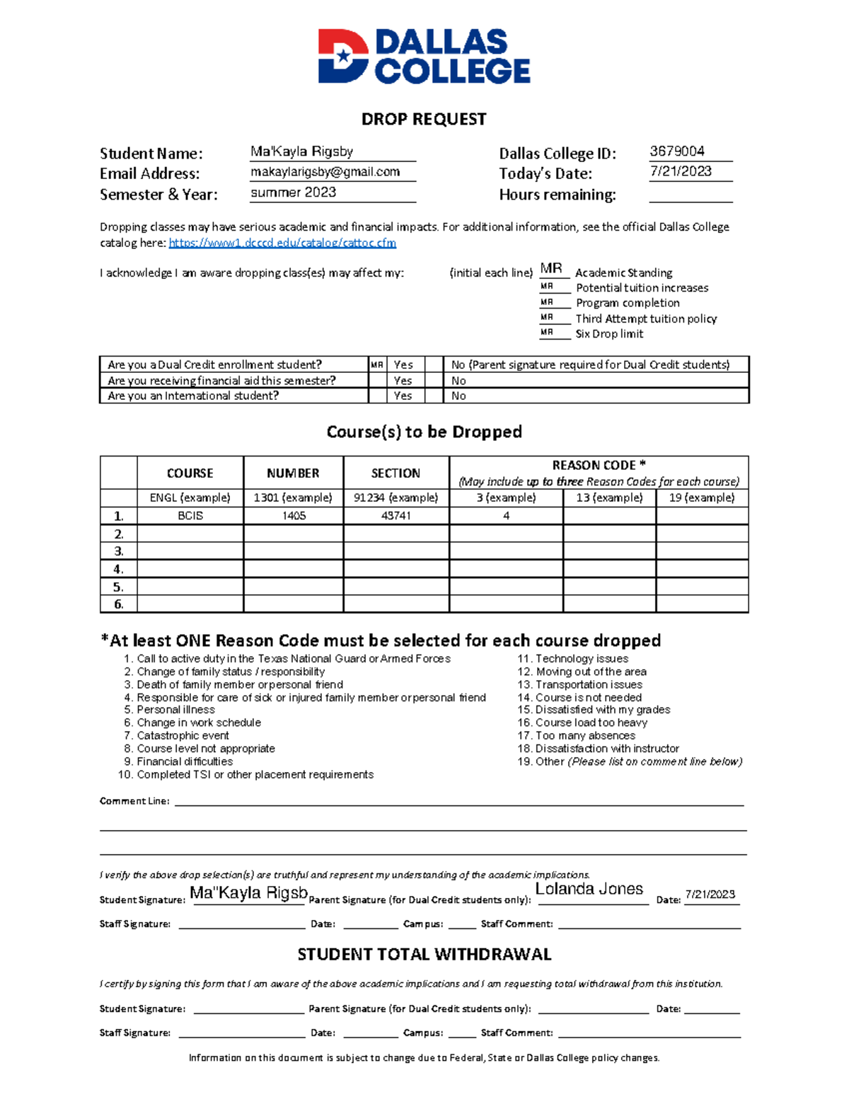 Drop form - i dont know flr - DROP REQUEST Student Name ...
