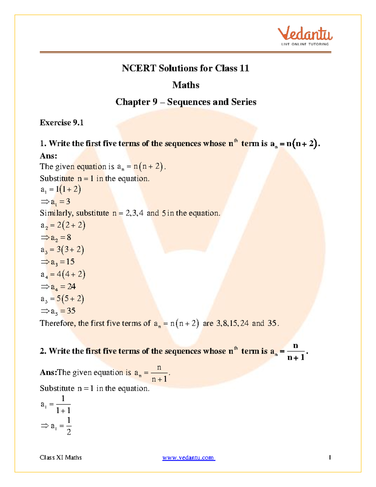 Class 11 - Maths - Sequences and Series - NCERT Solutions for Class 11 Maths Chapter 9 ...