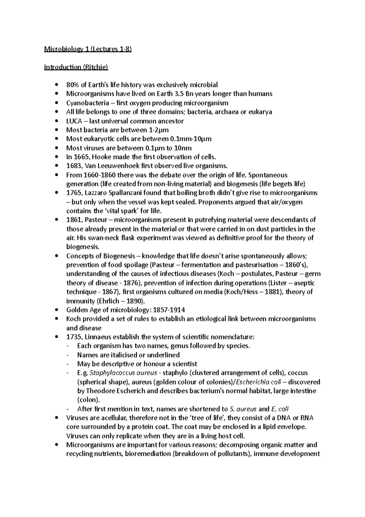 Microbiology 1 (Lectures 1-8) - 1683, Van Leeuwenhoek first observed ...