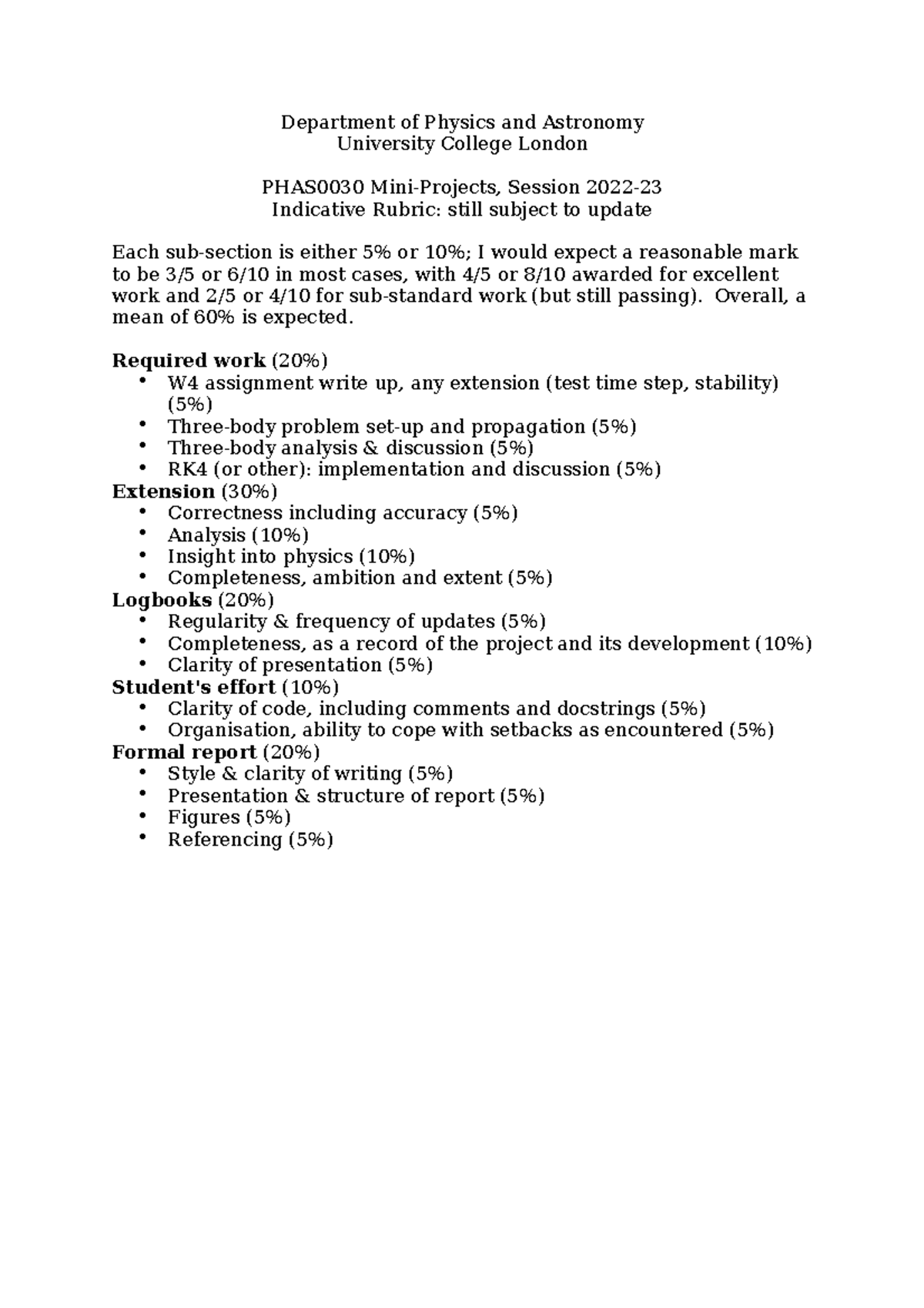 Mini Project Indicative Rubric 2022-2023 - Department of Physics and ...