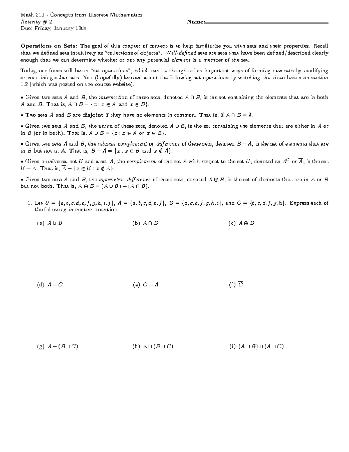 Math210Activity 2Spring 2023 - Math 210 - Concepts from Discrete Mathematics Activity # 2 Name ...