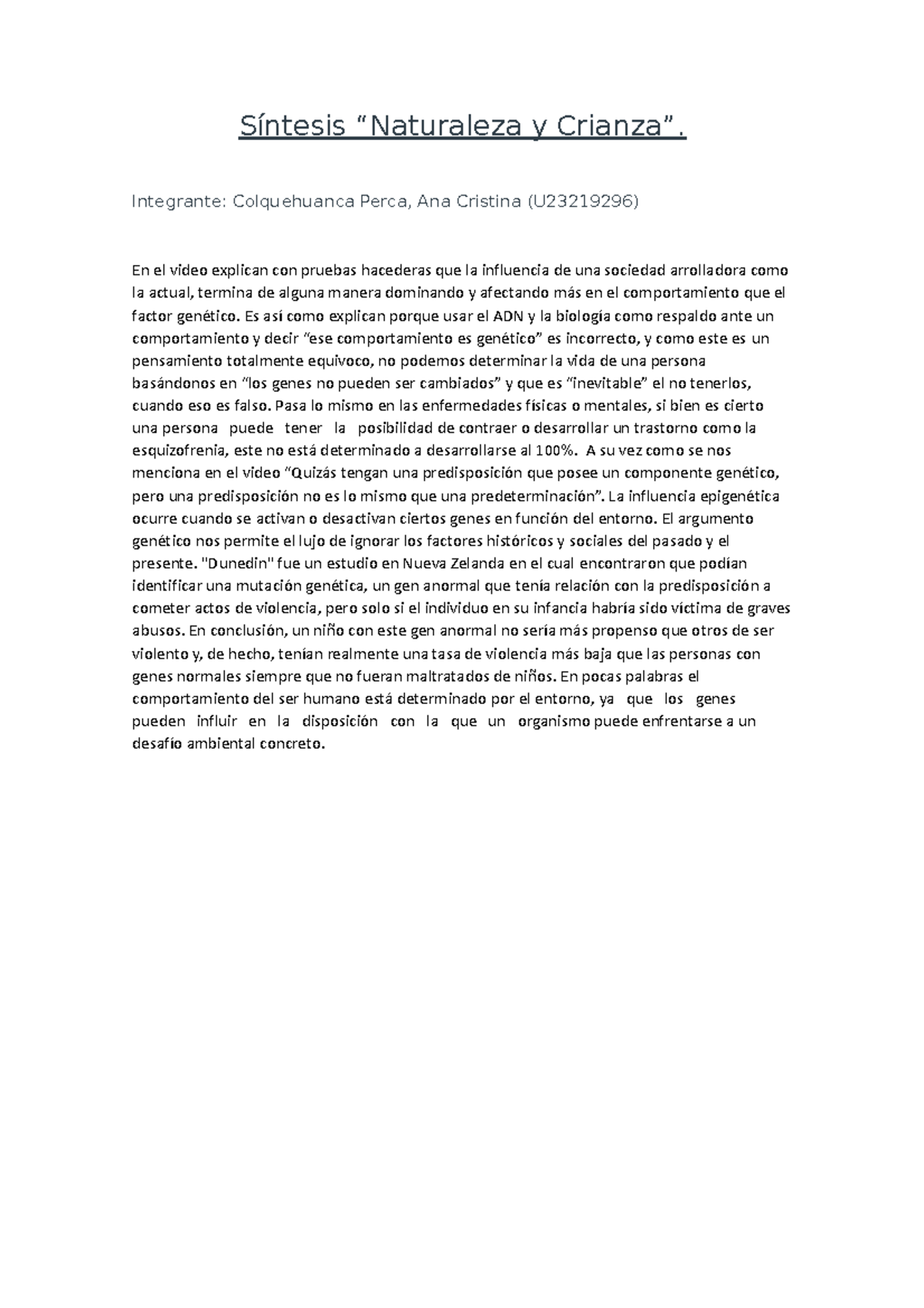 Síntesis Naturaleza vs. Crianza - Síntesis “Naturaleza y Crianza ...