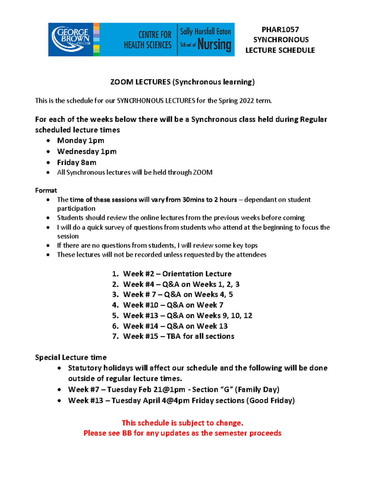 PHAR1057 Sync Lecture Schedule- 2023 - PHAR SYNCHRONOUS LECTURE ...