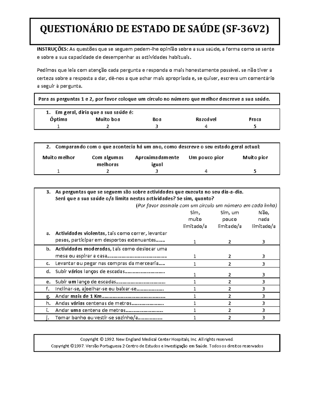Questionário SF-36 (Portuguese) - QUESTIONÁRIO DE ESTADO DE SAÚDE (SF ...