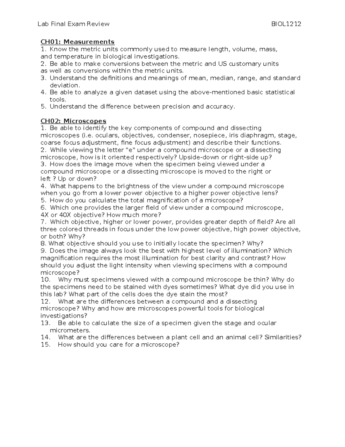BIOL 1212 lab review Fall 2023 - CH01: Measurements Know the metric ...