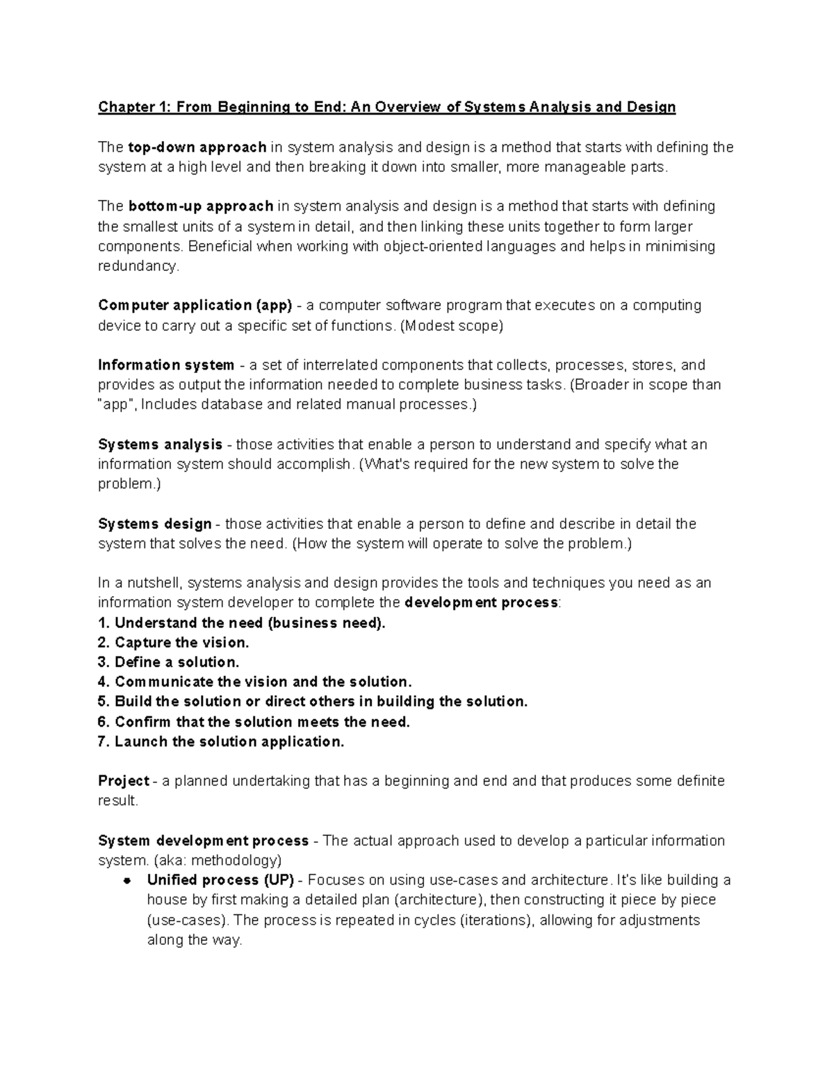 ITM 305 - Summary System Analysis and Design - Chapter 1: From Beginning to End: An Overview of ...