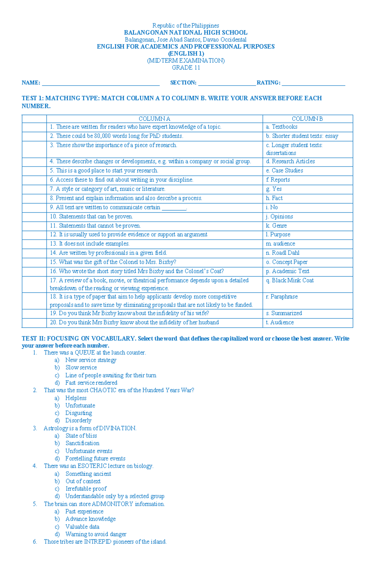 Eapp 2018-19 midterm - Exam paper - Republic of the Philippines ...
