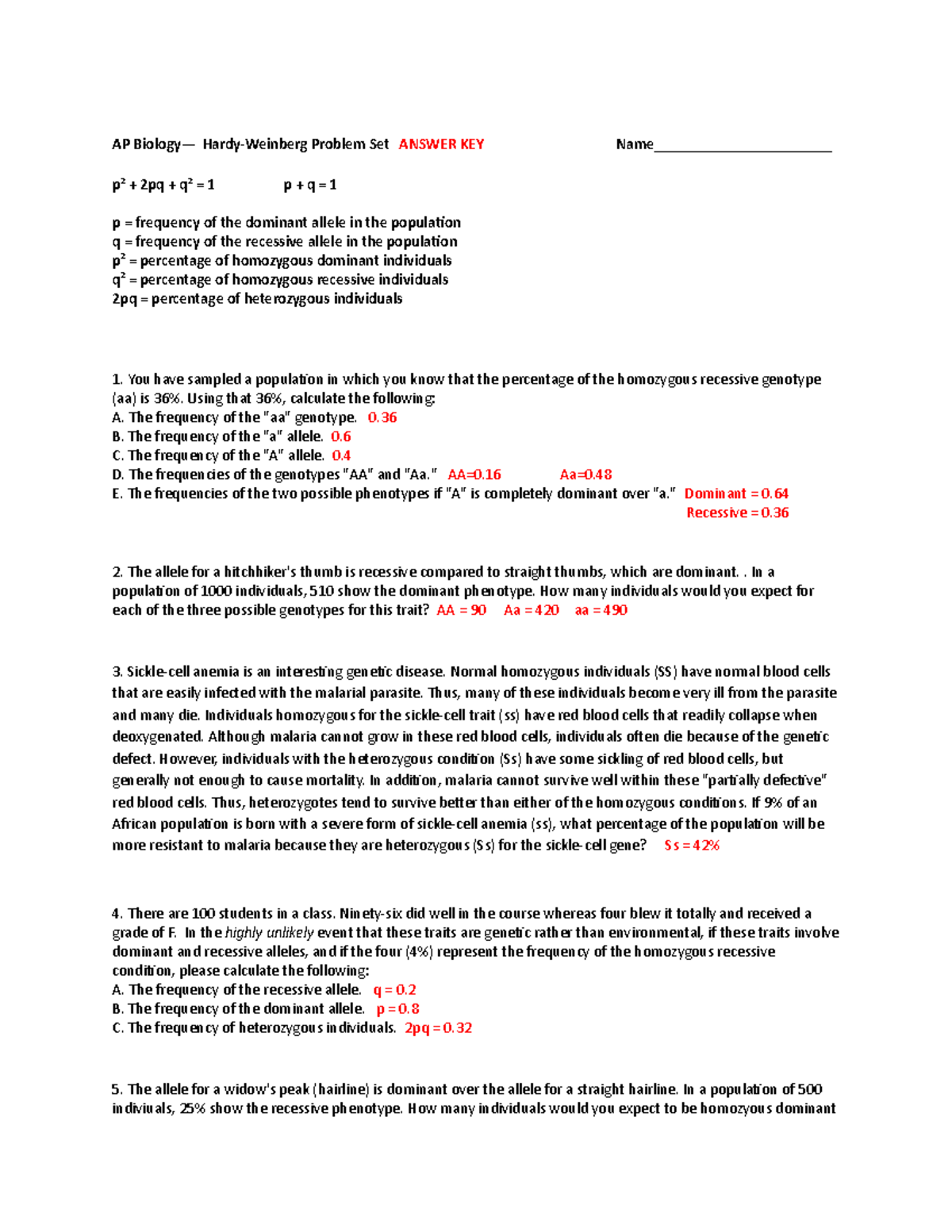 Hardy Weinberg Problem Set Answers - AP Biology— Hardy-Weinberg Problem ...