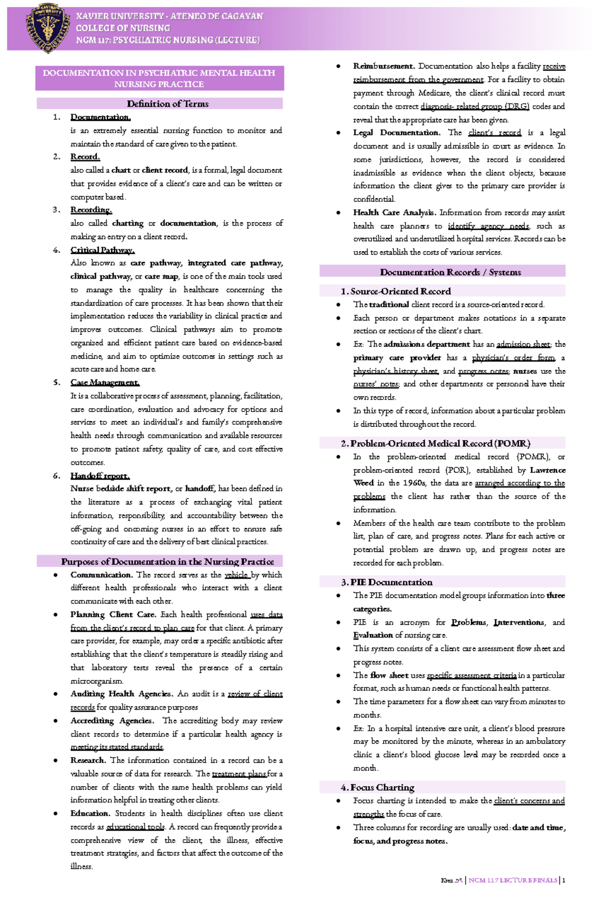 NCM 117 LEC Finals [ Notes] - Denition of Terms Documentation. is an ...