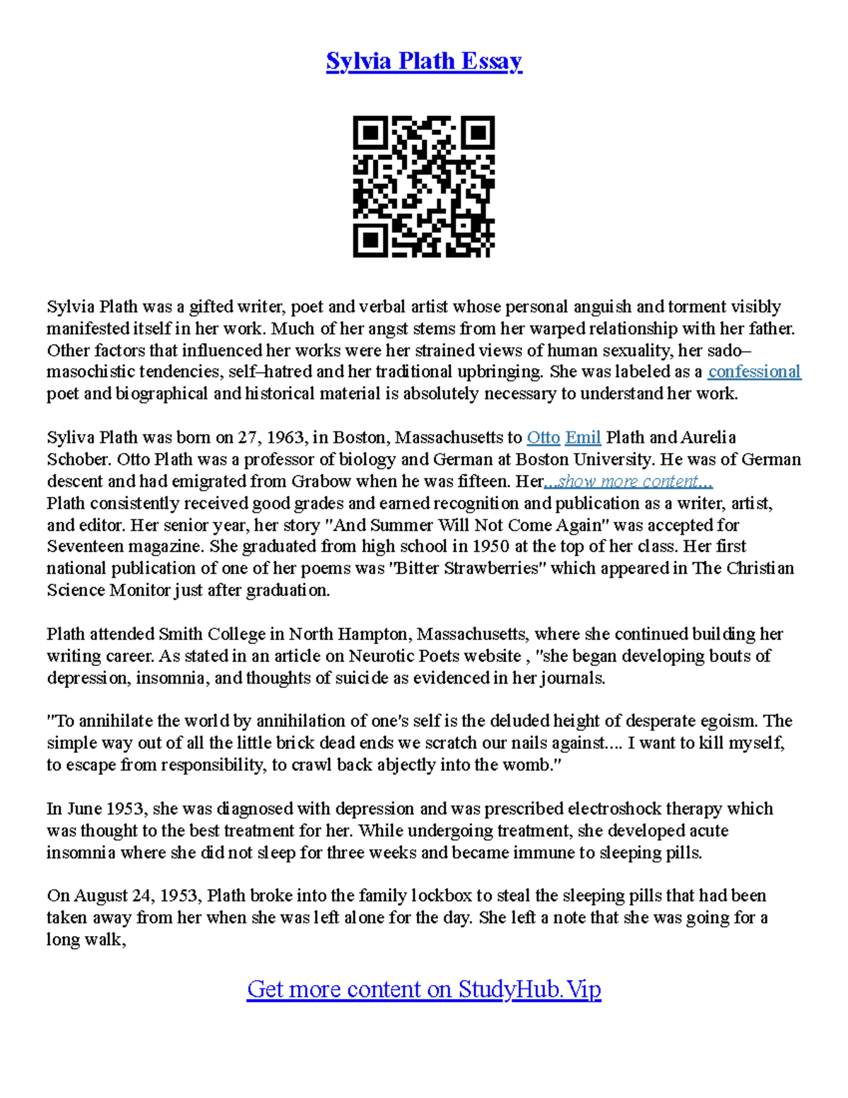 Sylvia Plath Essay - Sylvia Plath Essay Sylvia Plath was a gifted ...