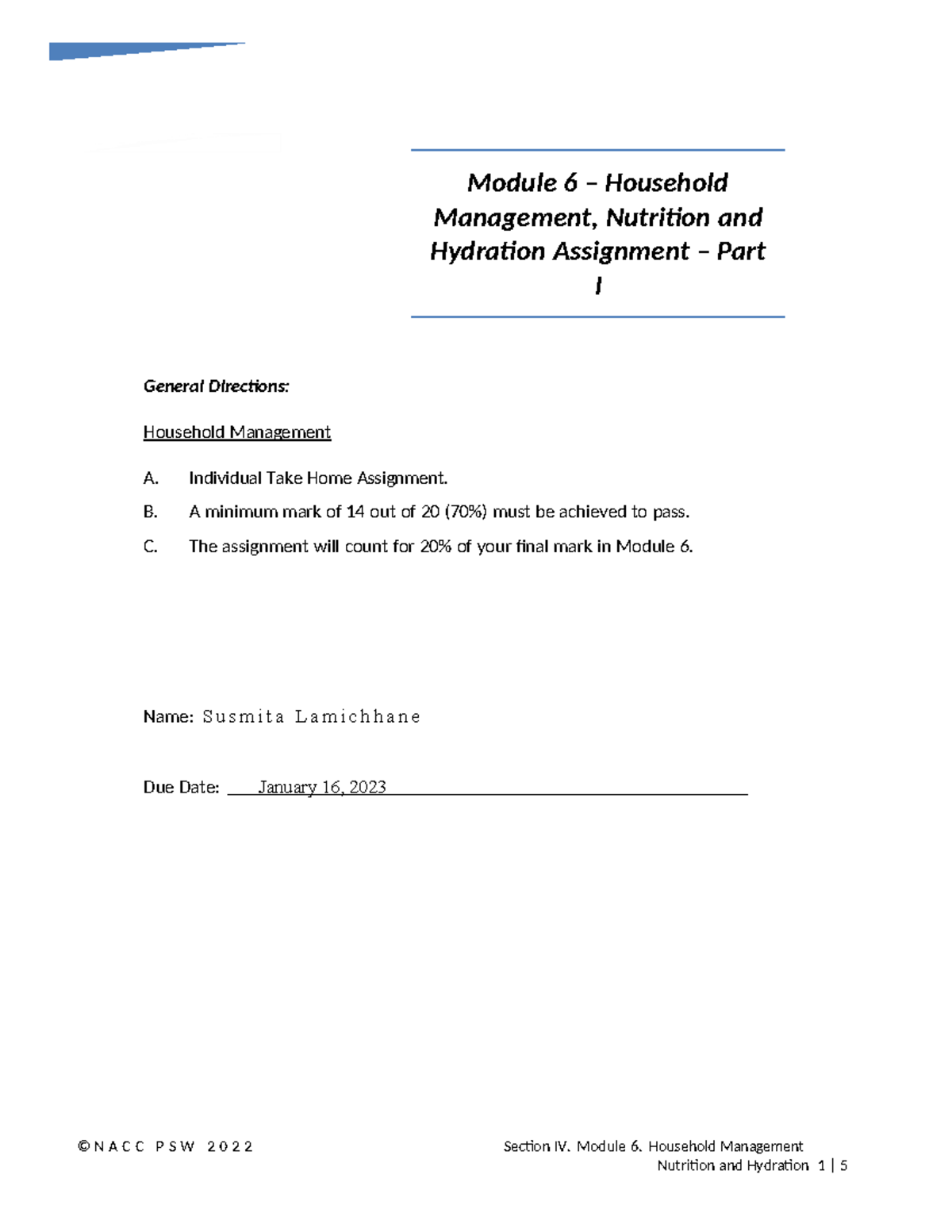 IV-7 Assigmt - Module 6 Household Management - © N A C C P S W 2 0 2 2 ...