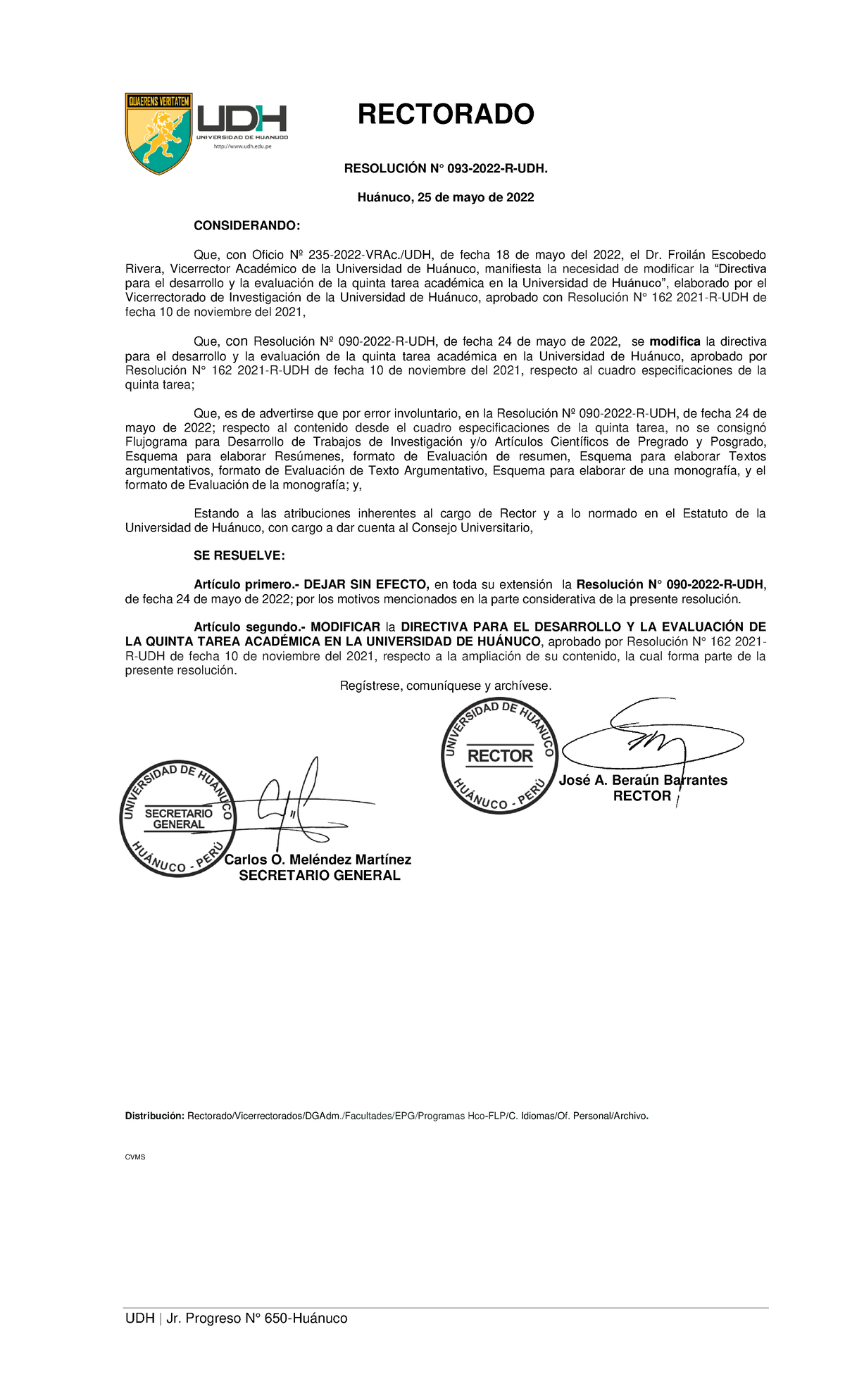 Resolución N° 093-2022-R-UDH. (25-05-2022) - UDH | Jr. Progreso N° 650 ...