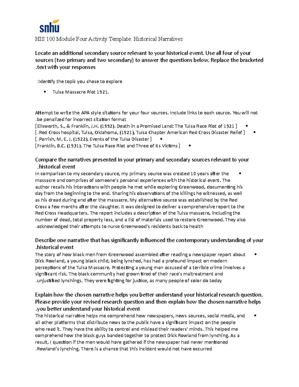 Andrea HIS 100 Module Four Activity Narratives Template - HIS 100 ...