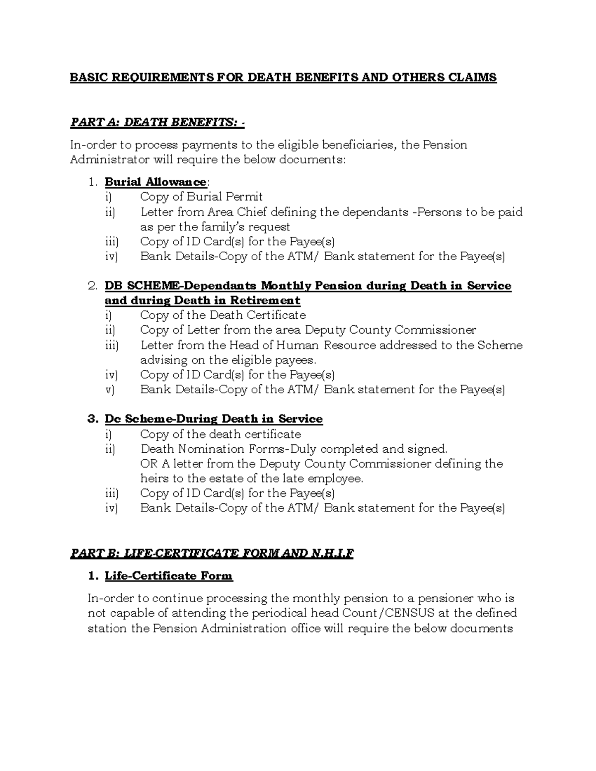 Basic Requirements For Death Benefits Other Claims - BASIC REQUIREMENTS ...