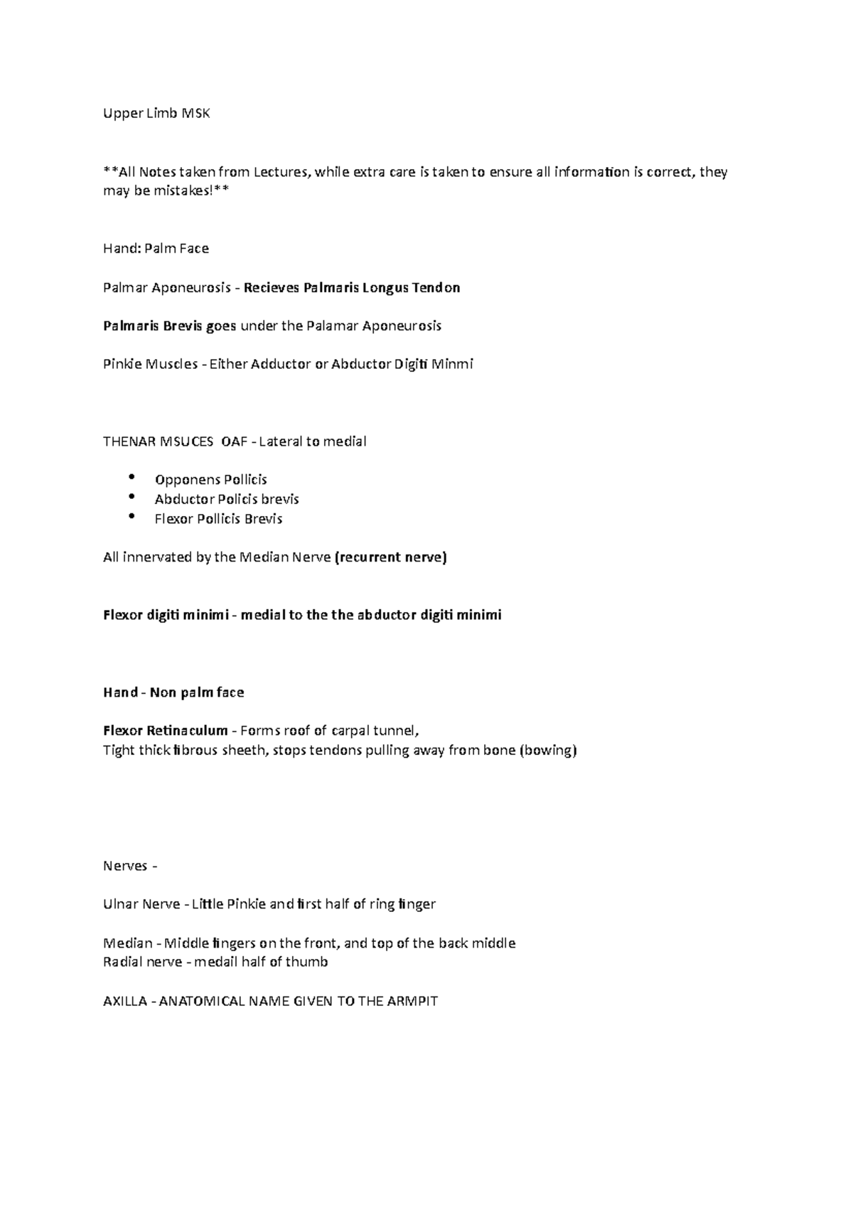 Upper Limb MSK Summary - Upper Limb MSK All Notes taken from Lectures ...