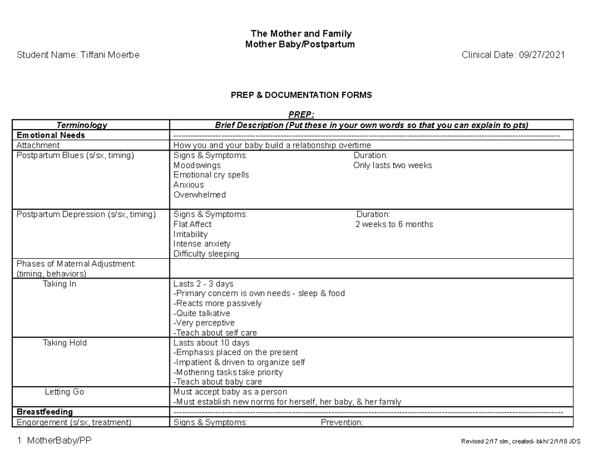 Postpartum Prep Documentation - The Mother and Family Mother Student ...