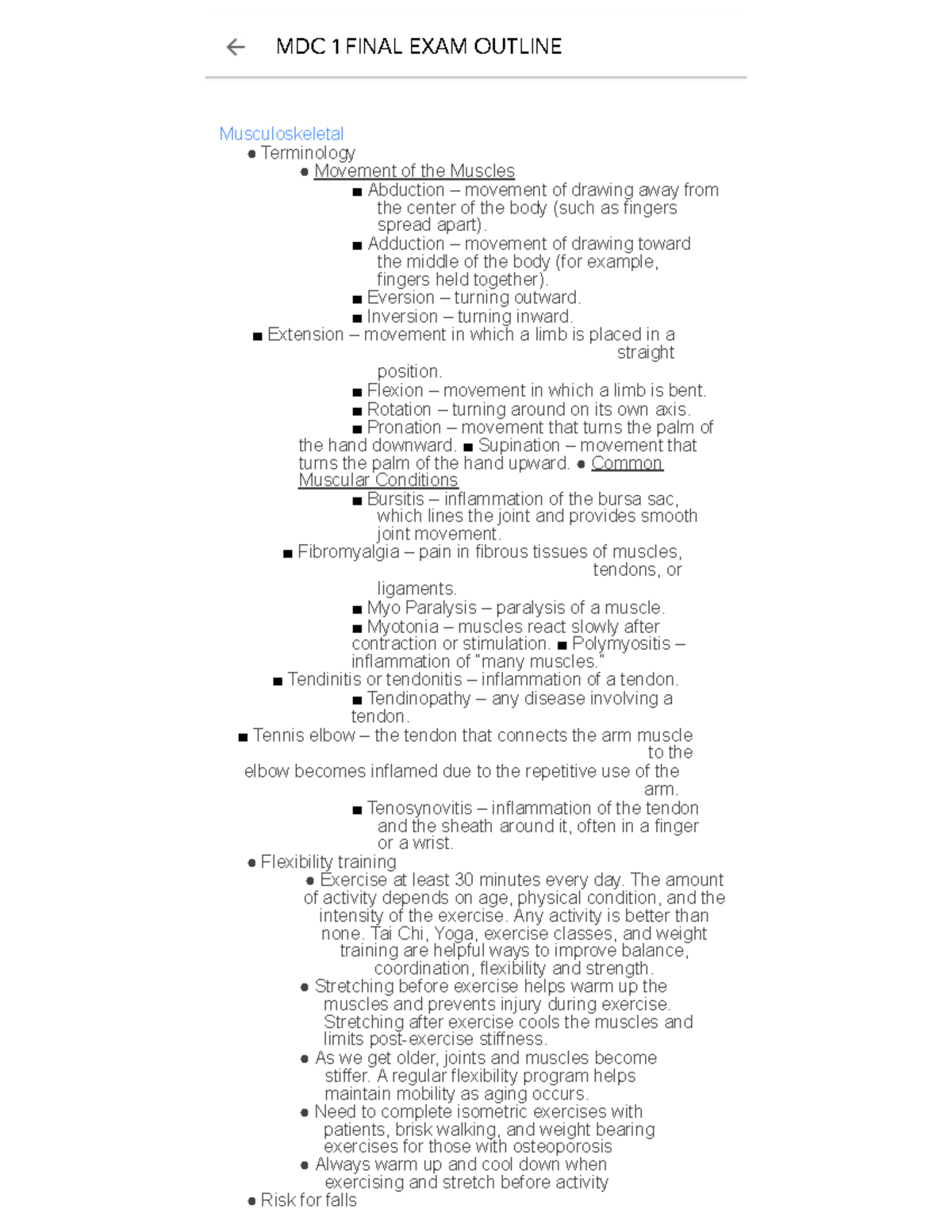 MDC1 Final comprehensive review - Musculoskeletal Terminology Movement ...
